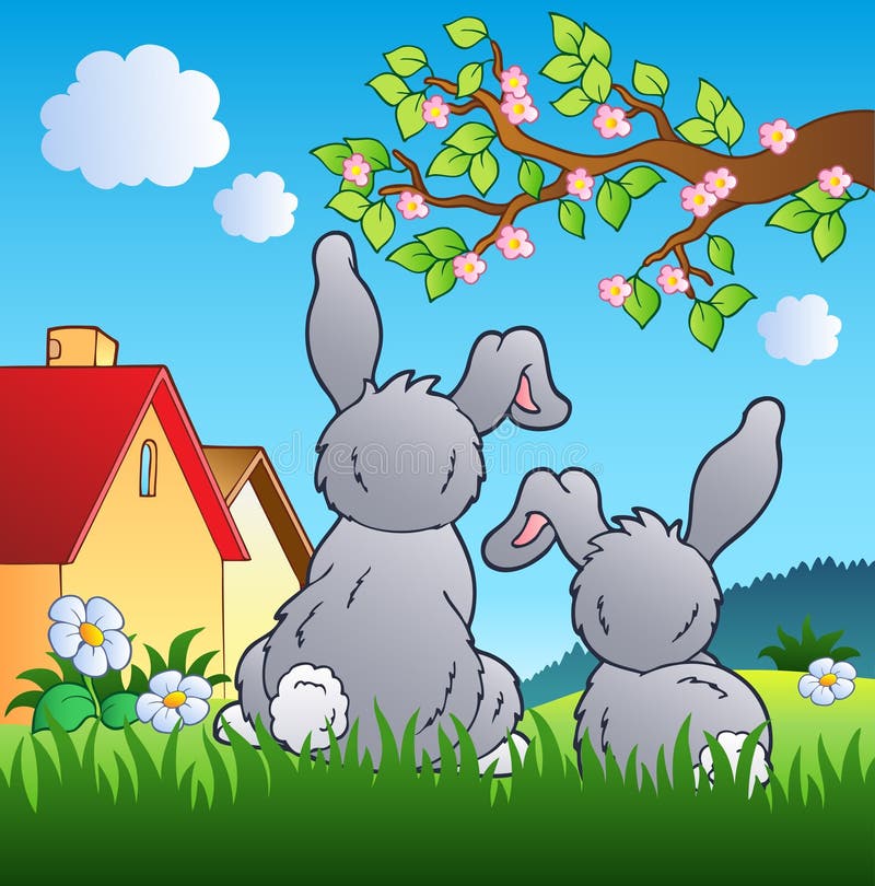 Meadow with two rabbits stock vector. Illustration of friendly - 18977540