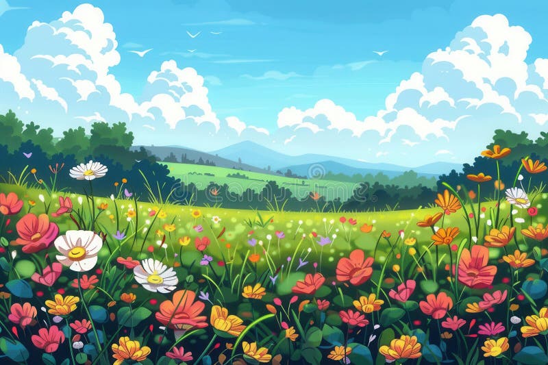 Meadow with Wildflowers Flat Design Front View Springtime Theme Pixel ...