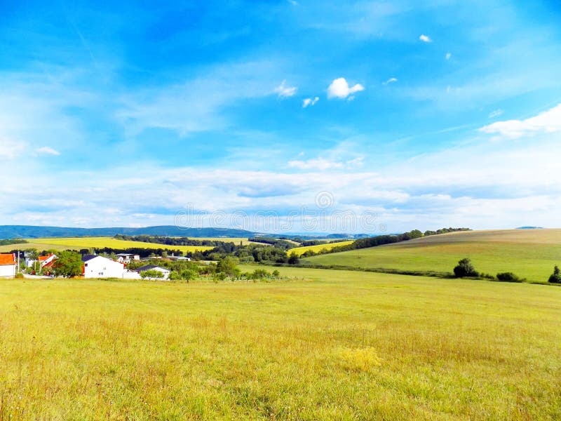 Meadows, forest and sky stock image. Image of land, deciduous - 66533131