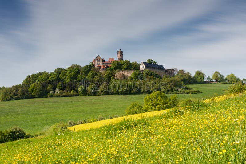 Meadows in Spring in Front of Castle Ronneburg Stock Image - Image of ...
