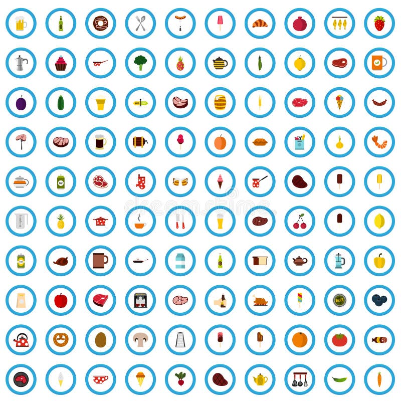 100 Meal Icons Set, Flat Style Stock Vector - Illustration of knife ...
