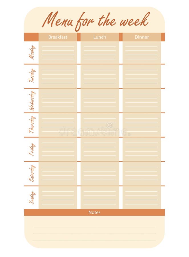 Orange Menu Options for the Week. Template for Food Diary. Meal Plan ...