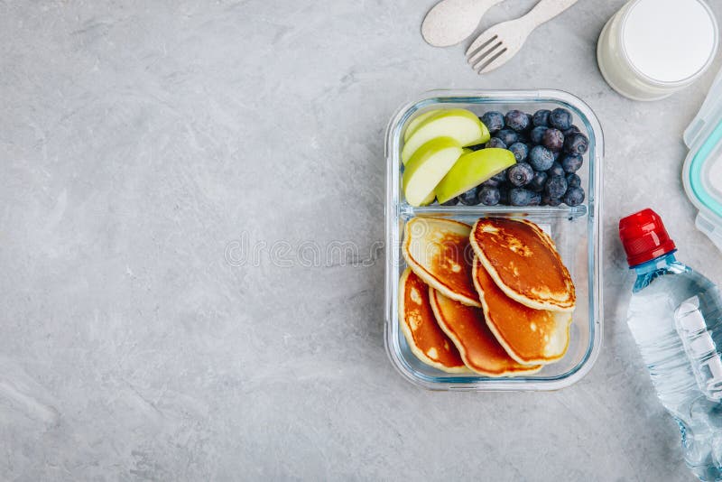 Meal Prep Containers with Pancakes, Blueberry and Apple. Breakfast in ...