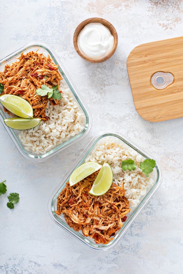 Meal Prep Containers with Pulled Chicken with Salsa and Rice Stock ...