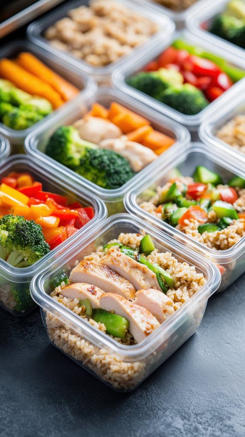 Meal Prep Layout with Glass Containers Packed with Healthy Food Options ...