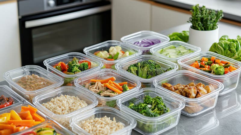 Meal Prep Layout with Glass Containers Packed with Healthy Vegetables ...