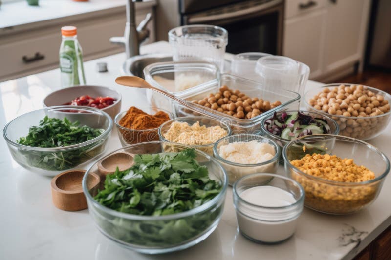 Meal Prep Session with Bowls, Measuring Cups, and Ingredients in View ...