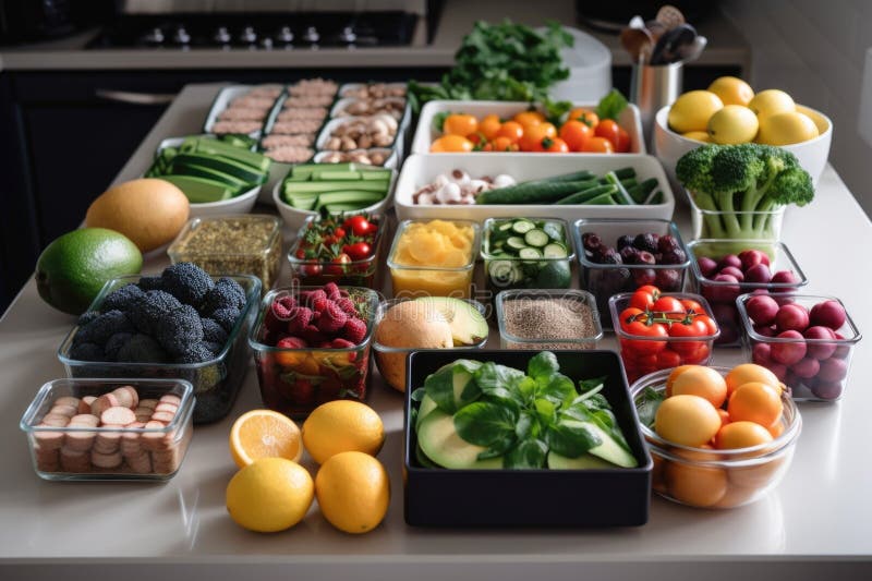 Meal Prep Station with Different Types of Fruits and Vegetables for ...