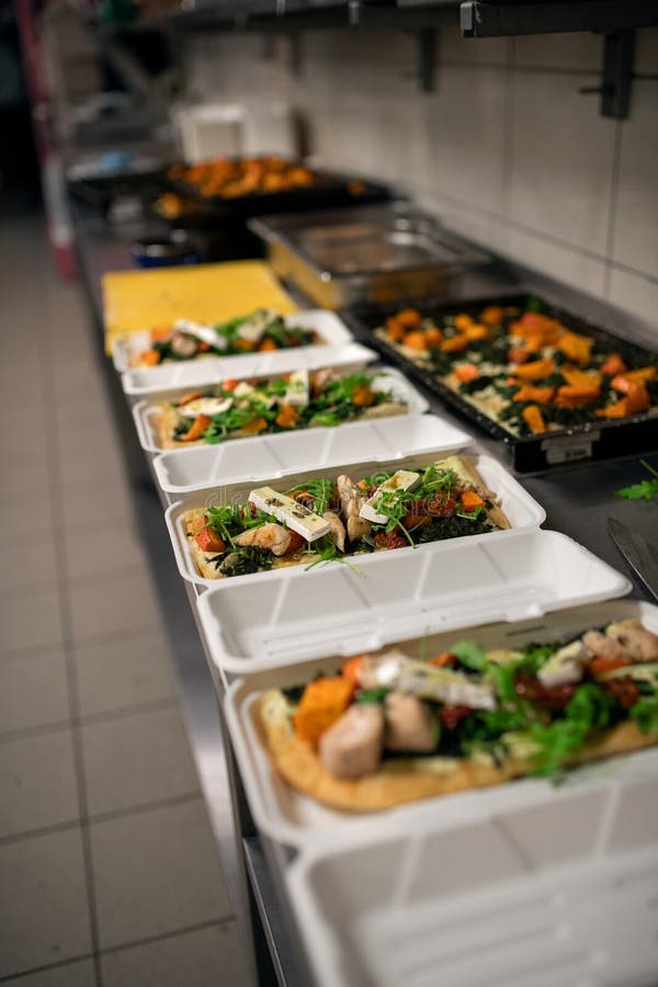 Meals in Containers Prepared for Take Away in Kitchen Restaurant. Stock ...