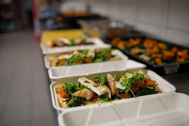 Meals in Containers Prepared for Take Away in Kitchen Restaurant. Stock ...