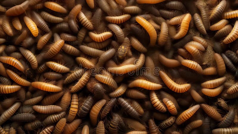 Mealworm Larvae Wriggling Densely Across Surface, Showcasing Intricate ...