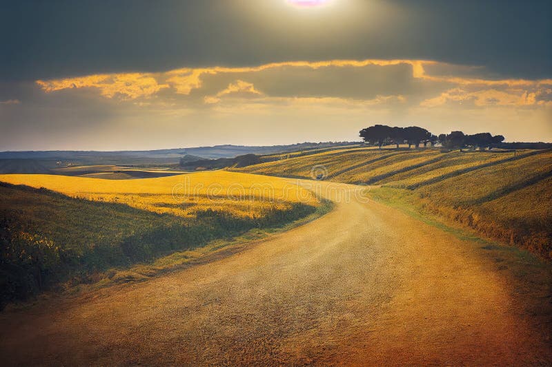Meandering Empty Road Beyond Horizont through Yellow-green Fields Stock ...