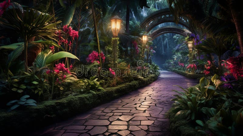 A Meandering Path through a Lush, Botanical Garden Filled with Exotic ...