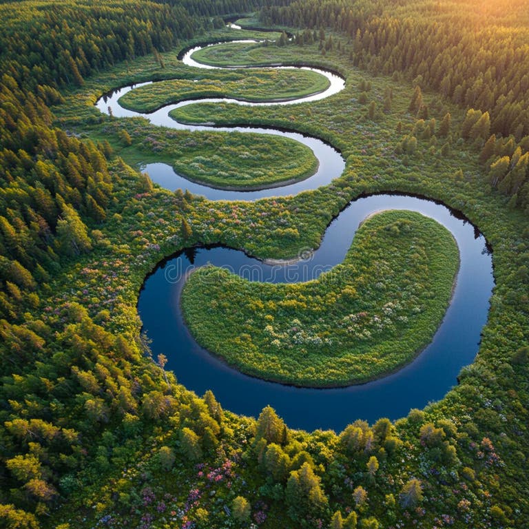 Meandering River Creates a Winding Pattern through Lush Greenery ...