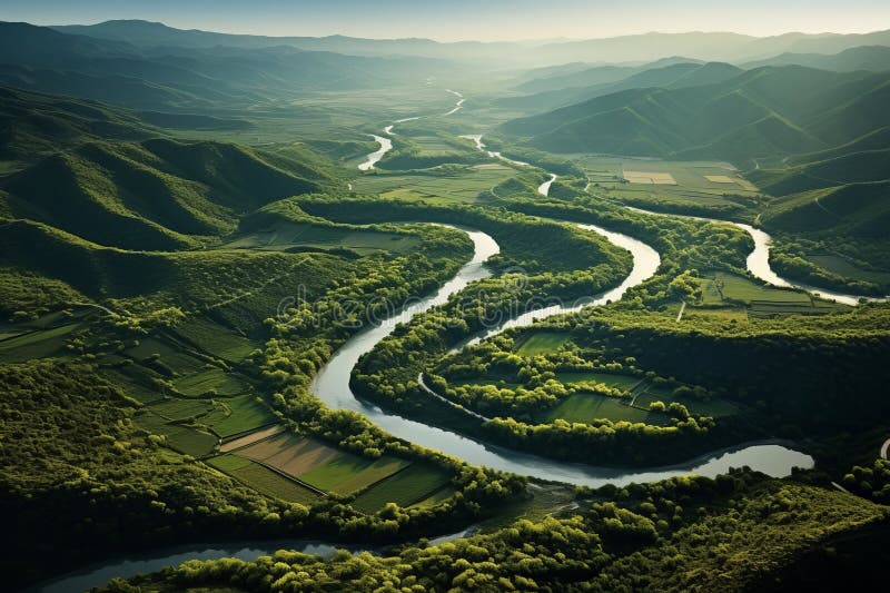 Meandering River in Fertile Valley Stock Illustration - Illustration of high, village: 290479072