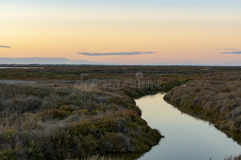 Meandering River Flows Alongside Parched Grass and Brush Stock Photo ...