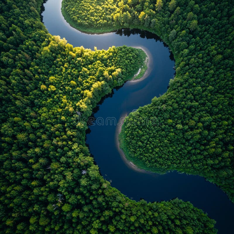 Meandering River Flows through Dense Green Forest, Creating an S-shaped ...