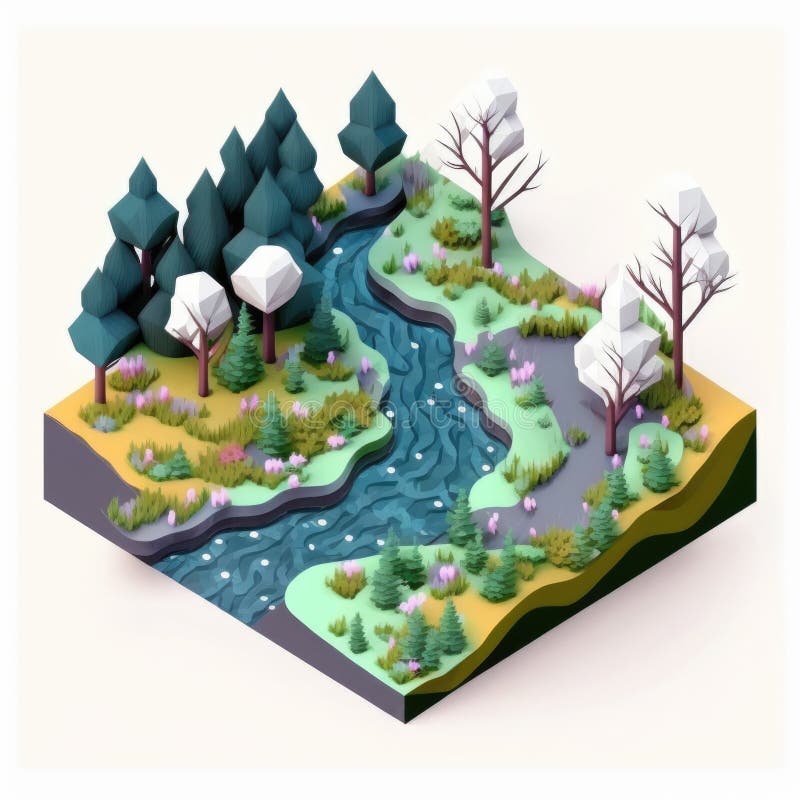 Meandering River and a Forest of Mystery, Isometric Low Poly View AI ...