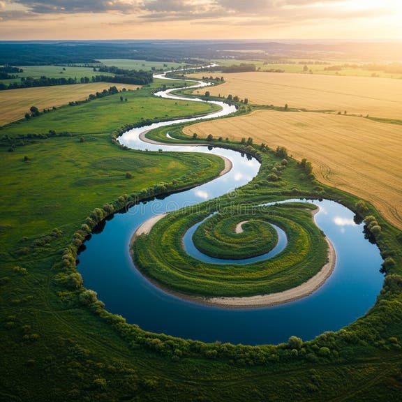 Meandering River with a Striking Spiral Pattern Flows through Lush ...