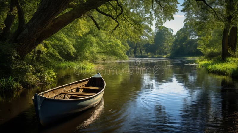 A Meandering River with a Vintage Rowboat a Romantic and Rustic Scene ...