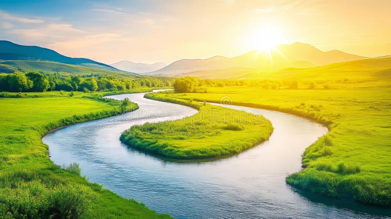A Meandering Road Curves through the Green Valley Next To a River Stock ...