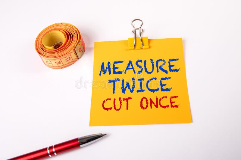 Measure Twice, Cut Once. Yellow Notepad and Measuring Tape on White ... Measure Twice, Cut Once. Yellow Notepad and Measuring Tape on White ...