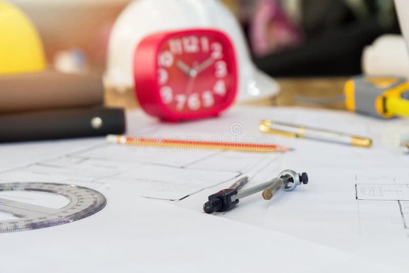 Measurement Tool with Helmet on Blueprint, Architectural Concept Stock ...