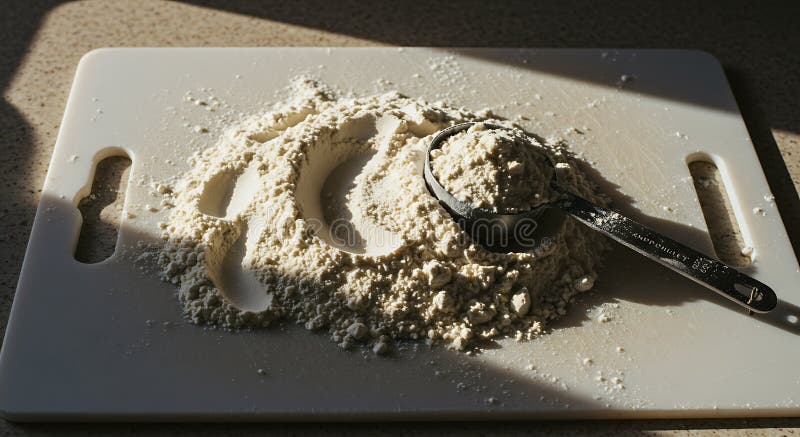 Measuring Flour on Cutting Board with Scoop and Sunlight Stock ...