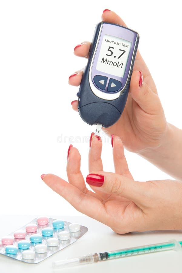 Measuring Glucose Level Blood Test Using Mini Glucometer Stock Image ...