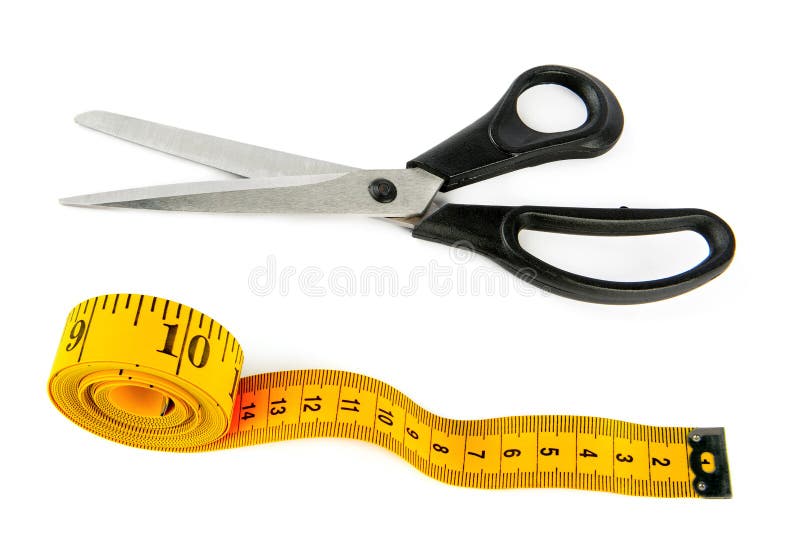 Measuring Tape and Tailor Scissors Isolated on White. Collage Stock ...
