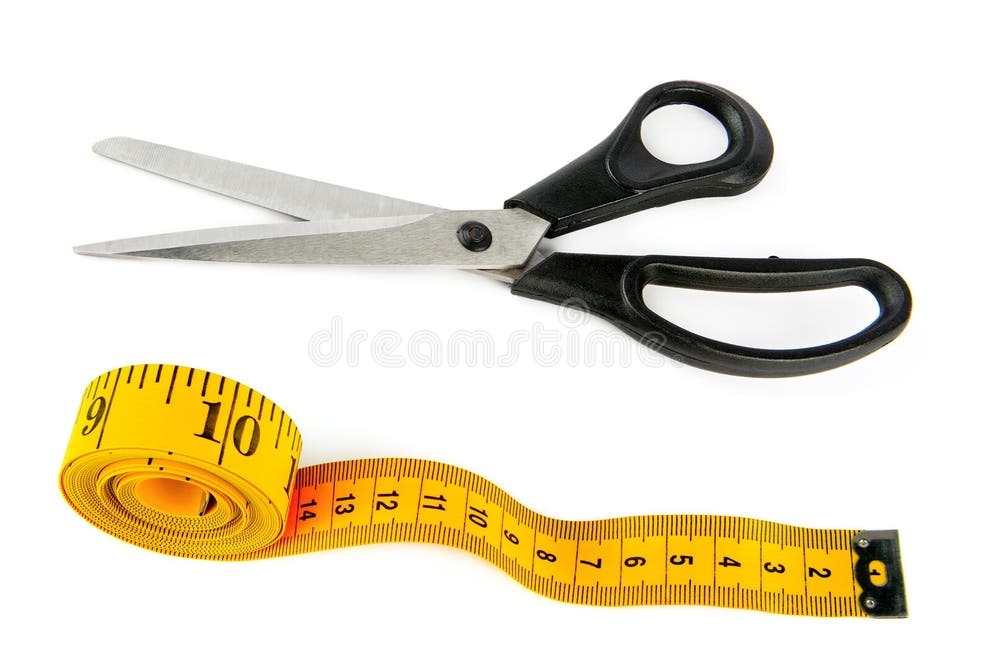 Measuring Tape and Tailor Scissors Isolated on White. Collage Stock ...