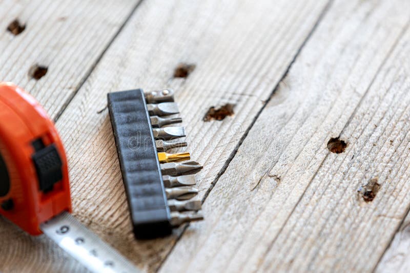 Measuring Tape Tool and Screwdriver Bits Set Stock Image - Image of ...