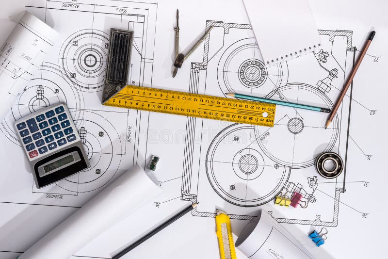 Measuring Tools on the Background of Technical Drawings. Stock Image ...