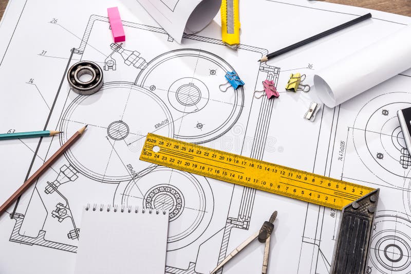 Measuring Tools on the Background of Technical Drawings. Stock Image ...