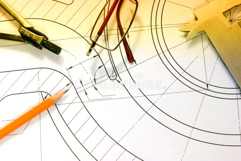 Measuring Tools Scattered in the Drawing, Engineering Work Stock Photo ...