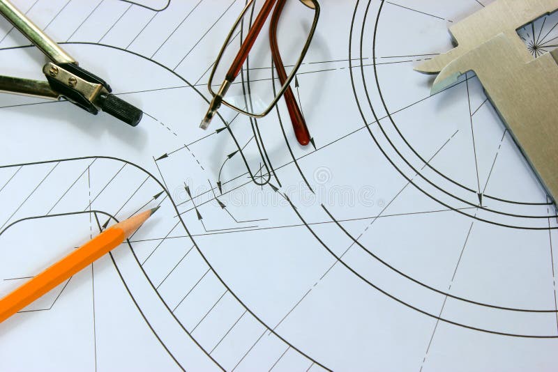 Measuring Tools Scattered in the Drawing, Engineering Work Stock Photo ...