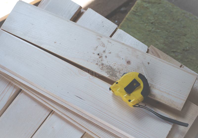 Measuring Wood To Be Cut with a Measure Stock Image - Image of ...