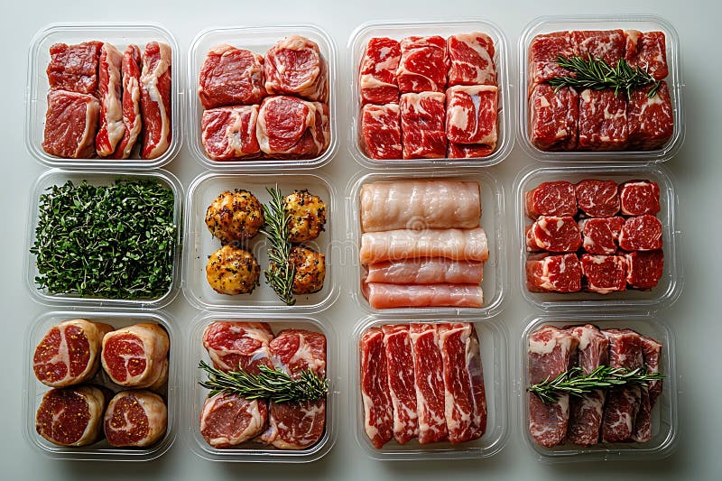 Meat Assortment in Clear Containers Raw Beef Cuts, Marinated Chicken ...