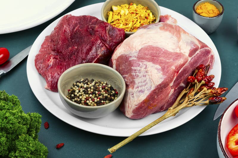 Composition with Fresh Meat Stock Image - Image of cooking, drink ...