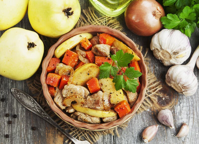 Meat Baked with Quince and Vegetables Stock Image - Image of roast ...