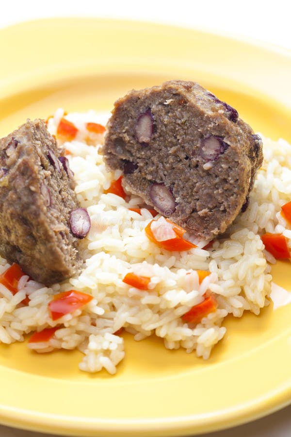 Meat Balls Filled with Red Beans on Rice with Red Pepper Stock Photo ...