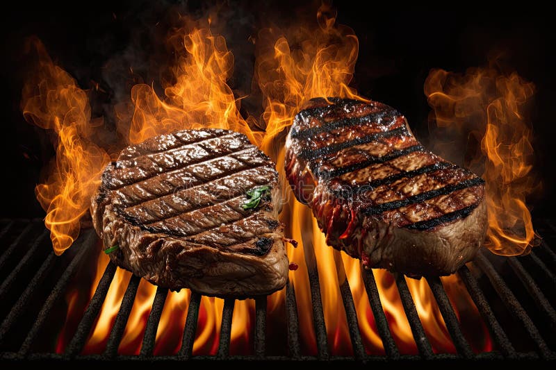 Meat on the Barbecue with Fire on the Dark Background. Generative AI ...