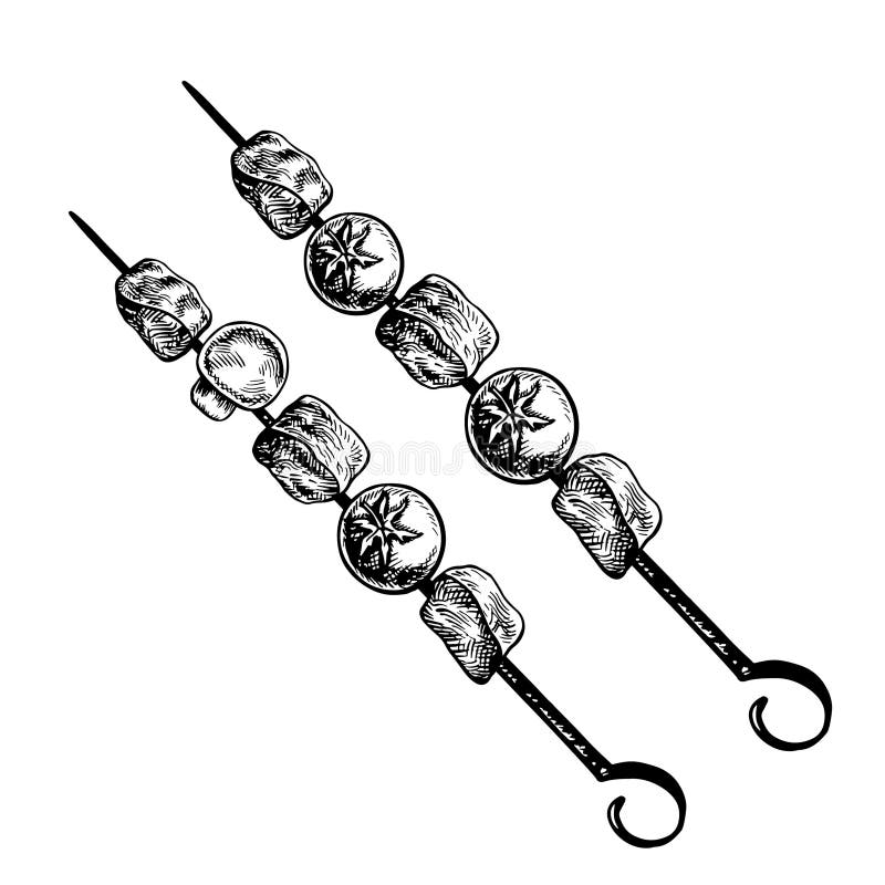 Meat for Barbecue on a Spit. Vector Graphics Depicting Fried Pieces of ...