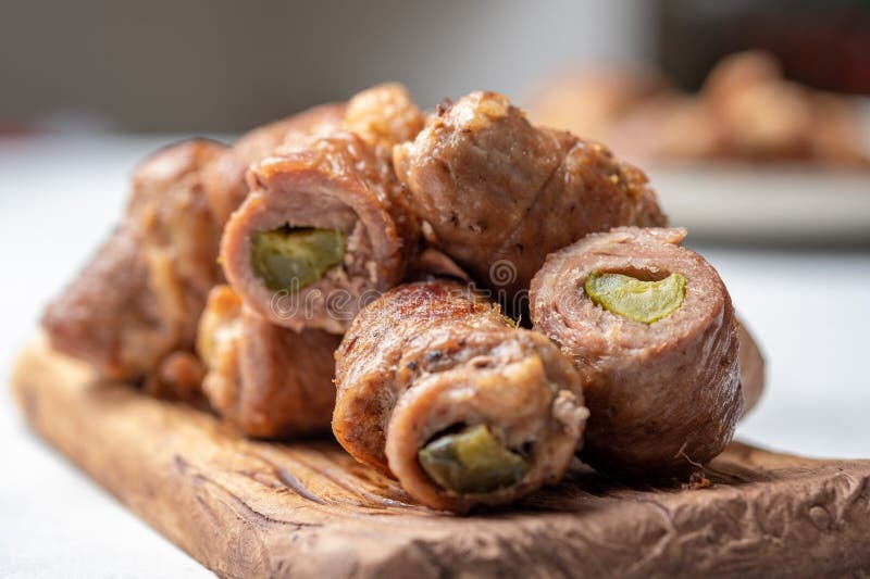 Meat Beef Rolls Stuffed with Pickled Cucumber Stock Image - Image of ...