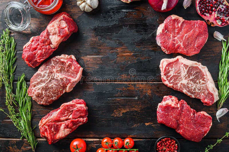 Meat Beef Steaks Frame Concept, with Different Steak Cuts on Dark Old ...