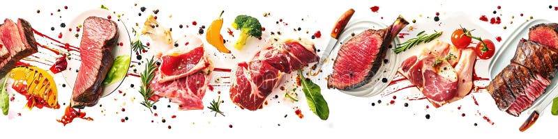 Meat Border in Horizontal Line Isolated on White. Different Types of ...