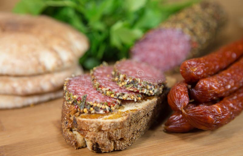 Meat with Bread and Sausages Stock Image - Image of kitchen, steak ...