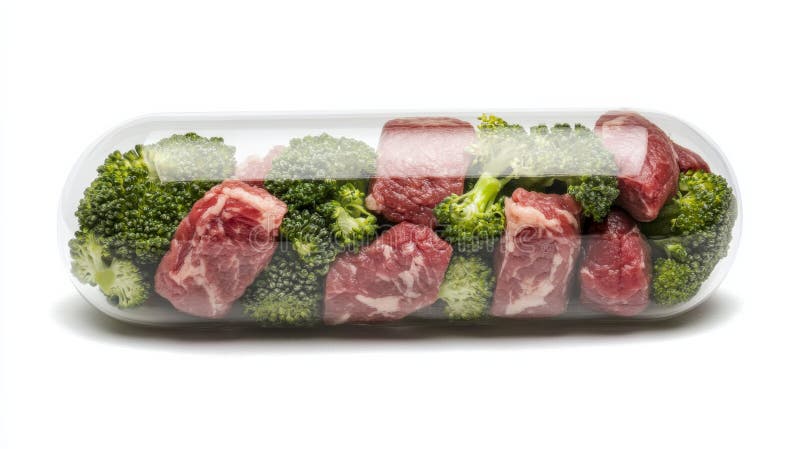 Meat and Broccoli in Capsule Concept for Nutrition and Diet Stock Image ...