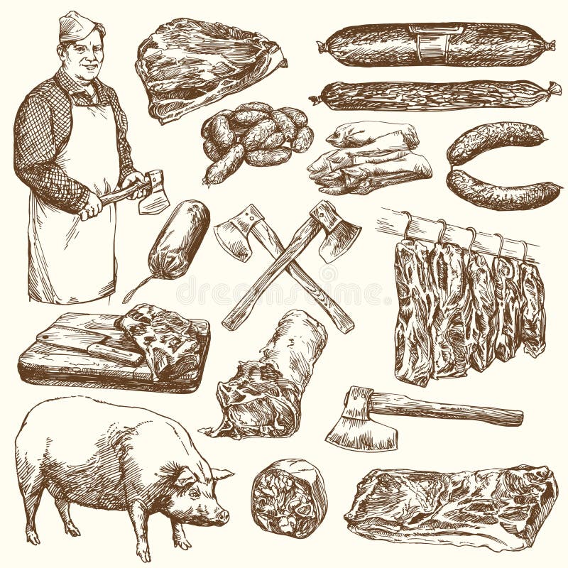 Meat, Butcher. Set of Hand Drawn Illusration. Stock Vector ...