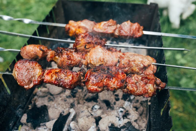 Meat on Charcoal Shish Kebab Grill, Close View Stock Image - Image of ...